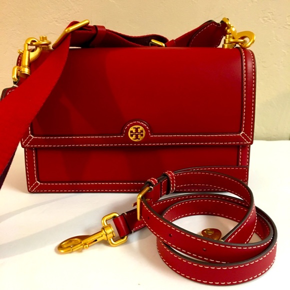 Tory Burch | Bags | Tori Burch T Monogram Leather Shoulder Bag Red Gold ...